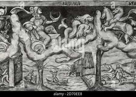 Greek Mythology. Luna, the moon goddess, with torch, serpents and dog ...