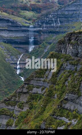 Autumn landscape at the San Miguel waterfall in the Angulo Valley of ...