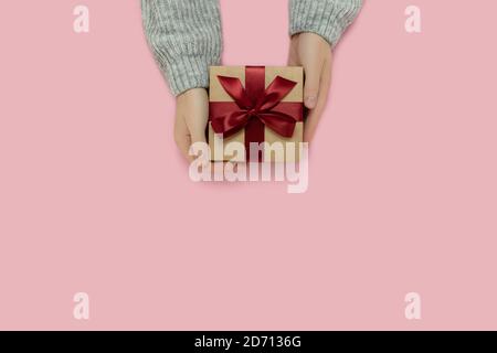 Valentine day composition: red gift box with bow and heart. Christmas ...