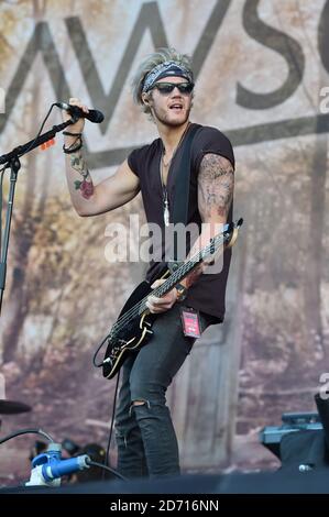 Ryan Fletcher of Lawson performing at the Isle of Wight Festival, at ...