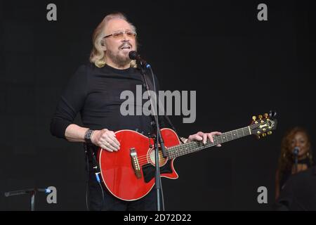 Barry Gibb on stage during the opening night of the UK leg of his first ...