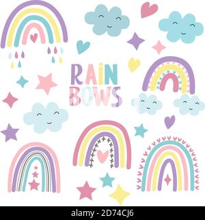 Abstract rainbow background with clouds and stars on sky. Fantasy ...