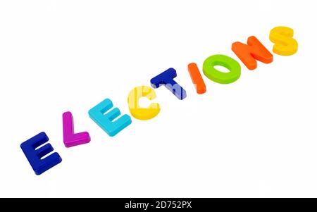 Text ELECTIONS written in plastic letters on a white background ...
