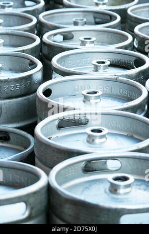 Rows of Guinness cans in a warehouse stored and strapped onto pallets ...