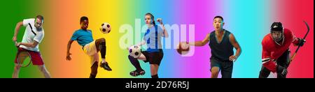 Sport collage of professional athletes on gradient multicolored neoned ...