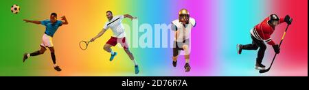 Sport collage of professional athletes on gradient multicolored neoned ...