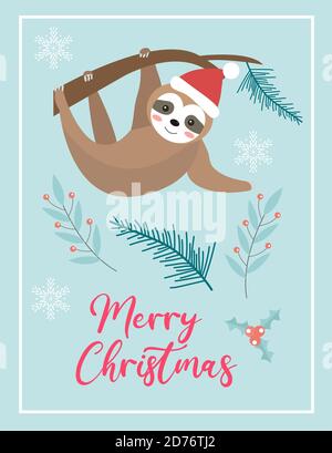Merry and lazy Christmas sloth vector illustration. Cute hand drawn ...