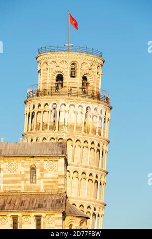 Close up of iconic leaning tower of Pisa with white sky, Tuscany, Italy ...