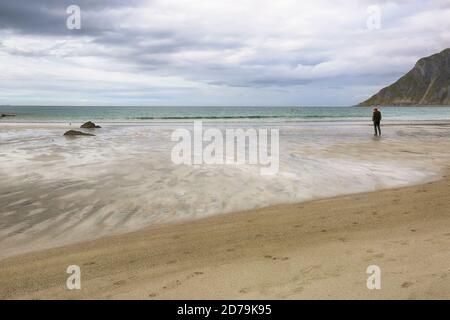 Flakstad beach located on the Norwegian Lofoten islands is popular ...