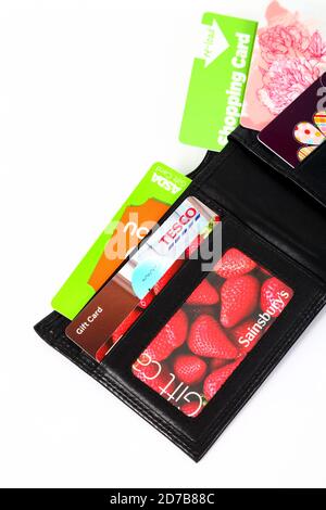 UK supermarket gift cards in a leather wallet Stock Photo - Alamy