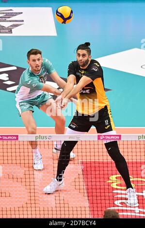 Kacper Piechocki (L) and Milad Ebadipour (R) of Skra in action during ...
