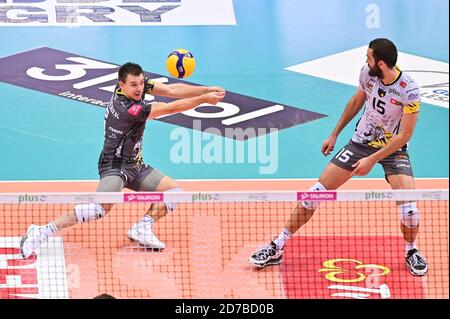 Maciej Olenderek of Trefl in action during the Plus Liga match between ...