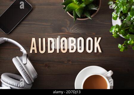 audiobook word text concept modern wireless headphones smartphone Stock ...
