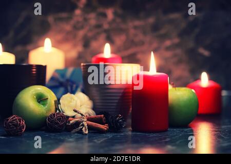 Different Christmas table settings on color background, top view Stock ...