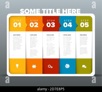 Five white vector progress block steps template with color border, descriptions, big numbers ...