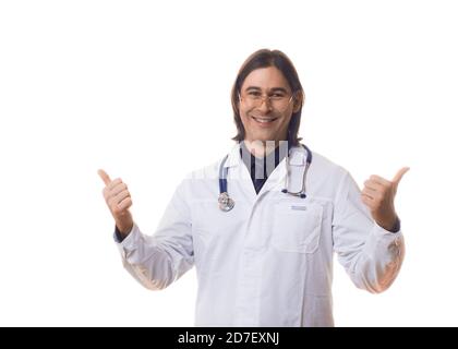 Happy smiling doctor with thumbs up gesture, isolated on white ...