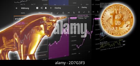 Cryptocurrency concept. Trends in bitcoin exchange rates. Rise and fall ...