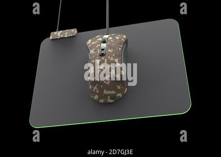 Modern camouflage gaming mouse on professional pad isolated on black ...