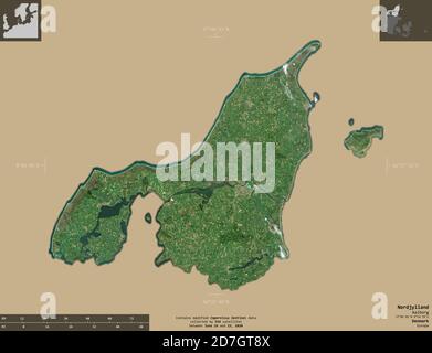Nordjylland, region of Denmark. Sentinel-2 satellite imagery. Shape isolated on white ...