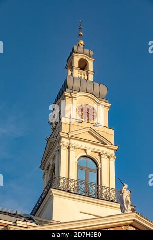 The clock tower of Riga City Hall in Riga, Latvia. Historic ...
