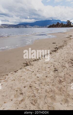 HOBART, AUSTRALIA - October 22nd 2020: Howrah beach a pristine golden ...