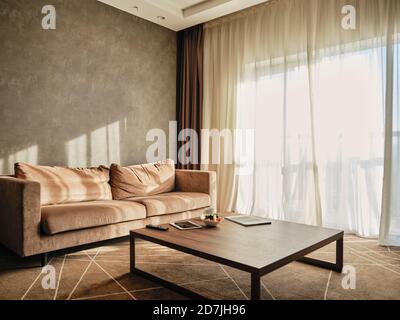 Empty wooden table in room decorated for Halloween celebration Stock ...