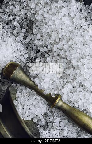 Large sea salt. Spice. Mortar and pestle for grinding salt Stock Photo ...