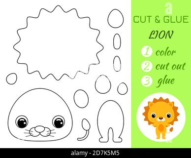 Cut out applique and glue a lion head. Vector illustration. Paper game ...
