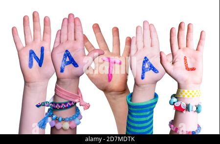 Children Hands Building Word Natal Means Christmas, Grass Meadow Stock ...