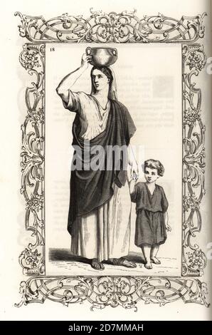 Costume of an ancient Roman plebeian woman. She wears a tunic and cloak ...