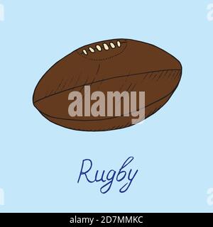 Rugby ball, hand drawn doodle sketch with inscription, isolated outline ...