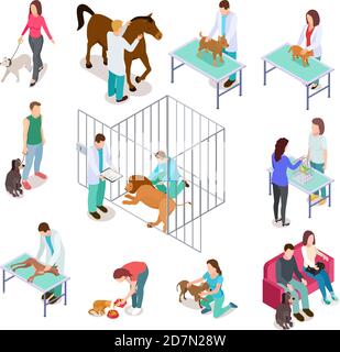 Isometric veterinary clinic set of people with their pets come to ...