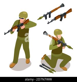 Isometric soldiers. Military special forces, warriors in army uniform ...