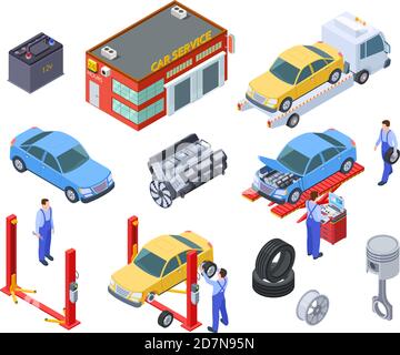 Isometric auto repair center concept with mechanics in uniform cars ...
