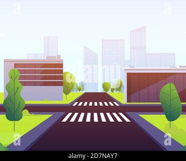 Highway, empty road to city with skyscraper buildings and modern houses ...