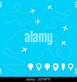 Plane line path. Airplane directional pathway, map dotted trail and fly ...