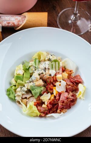 salad with chicken fillet, beacon, avacado, blue cheese Stock Photo - Alamy