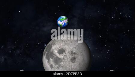 3d rendered photo realistic moon and earth with colorful galaxy or nebula. front view of moon ...