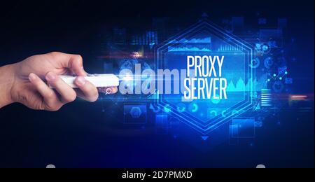 hand holding wireless peripheral with PROXY SERVER inscription, cyber ...