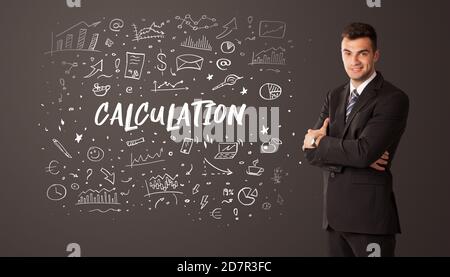 Businessman thinking with CALCULATION inscription, business education ...