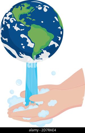 hands washing and earth planet over white background, flat style ...