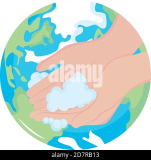 hands washing and earth planet over white background, flat style ...