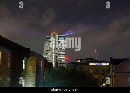 Interactive laser show in the skies above Leeds City during Laser Light ...