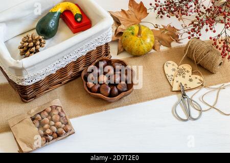 Craft gift box with pumpkins and chestnuts for Halloween holiday ...