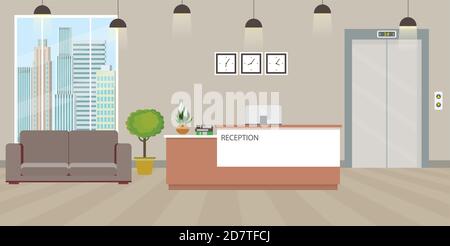 Empty modern reception desk with blue details for office lobby interior ...