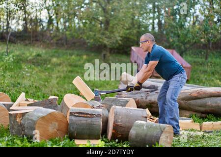 Farmer with big axe splitting beech logs Stock Photo - Alamy