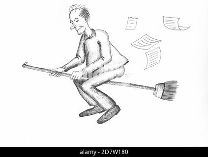 Wizard riding a broom. Illustration Stock Photo - Alamy