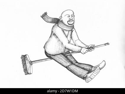 Wizard riding a broom. Illustration Stock Photo - Alamy