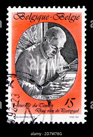 MOSCOW, RUSSIA - APRIL 15, 2018: A stamp printed in Belgium shows King ...