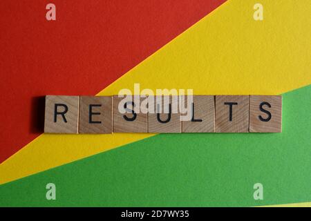 Results, word in wooden alphabet letters isolated on pastel background ...